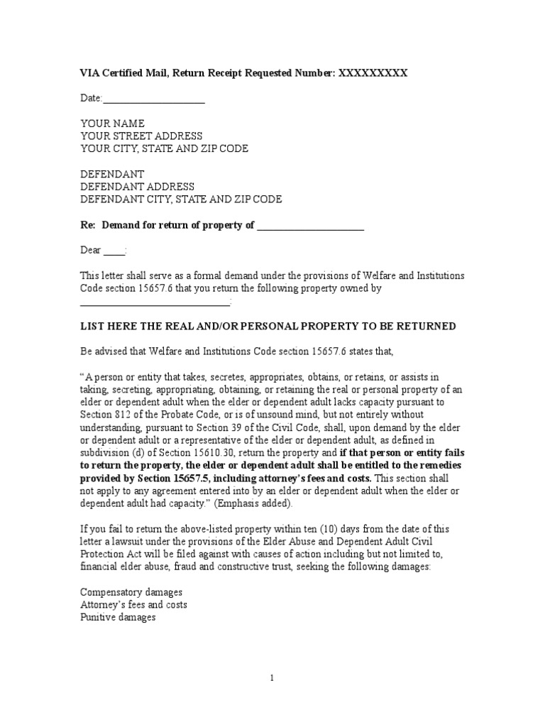 Sample Demand Letter regarding Financial Elder Abuse in California ...