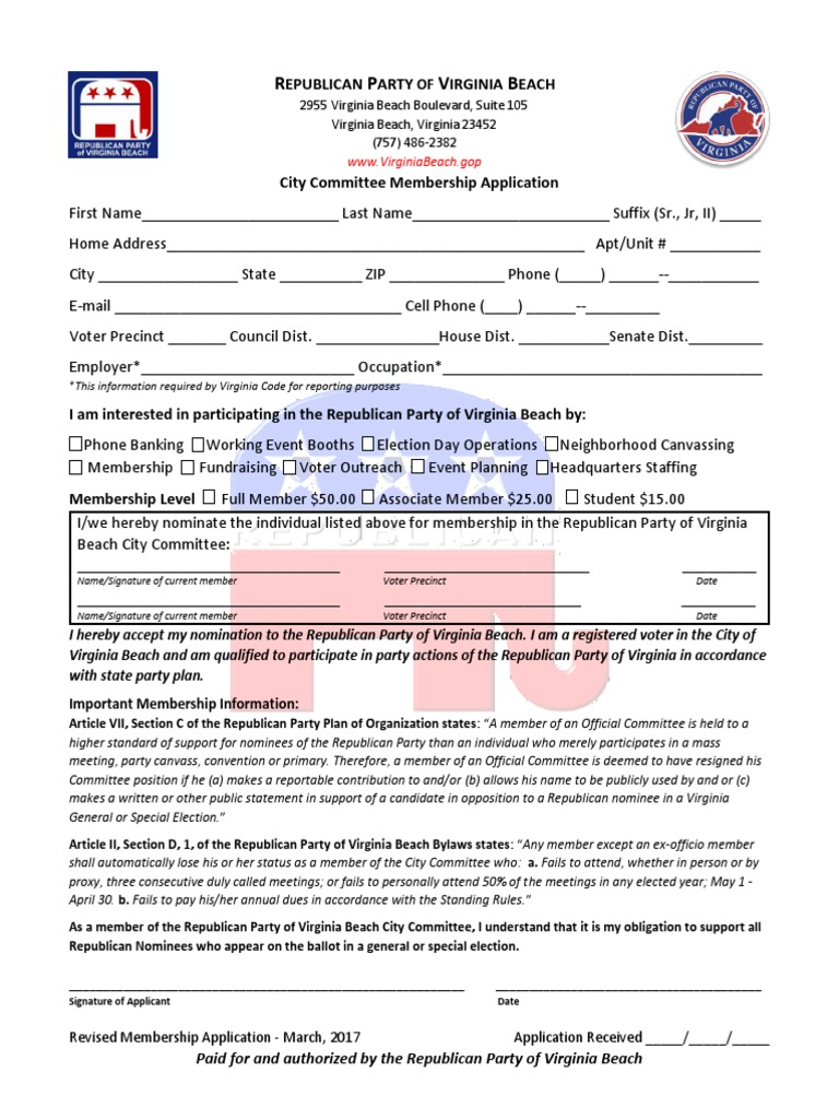 Virginia Beach GOP Membership Application | PDF | Republican Party ...