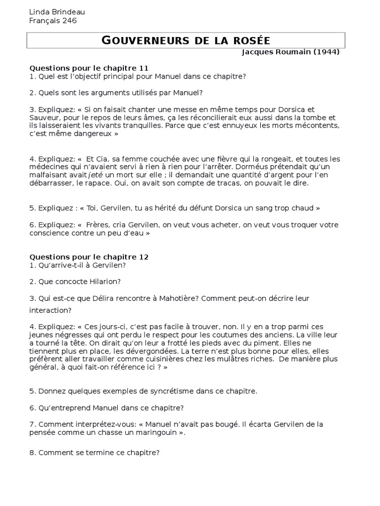 Résumé des chapitres de "Gouverneur de la rosée" | PDF