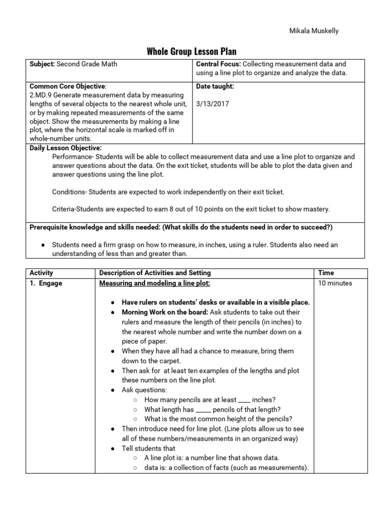 Second Grade Math Line Plot Lesson | PDF | Educational Assessment ...
