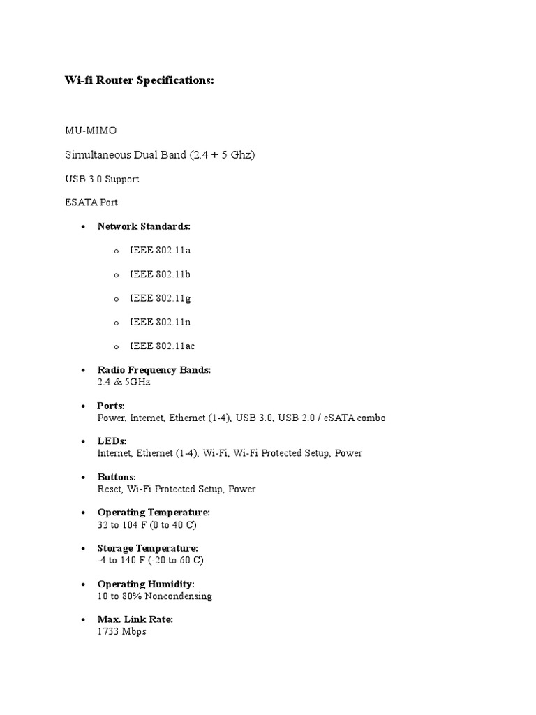 Wi-Fi Router Specifications:: Simultaneous Dual Band (2.4 + 5 GHZ ...