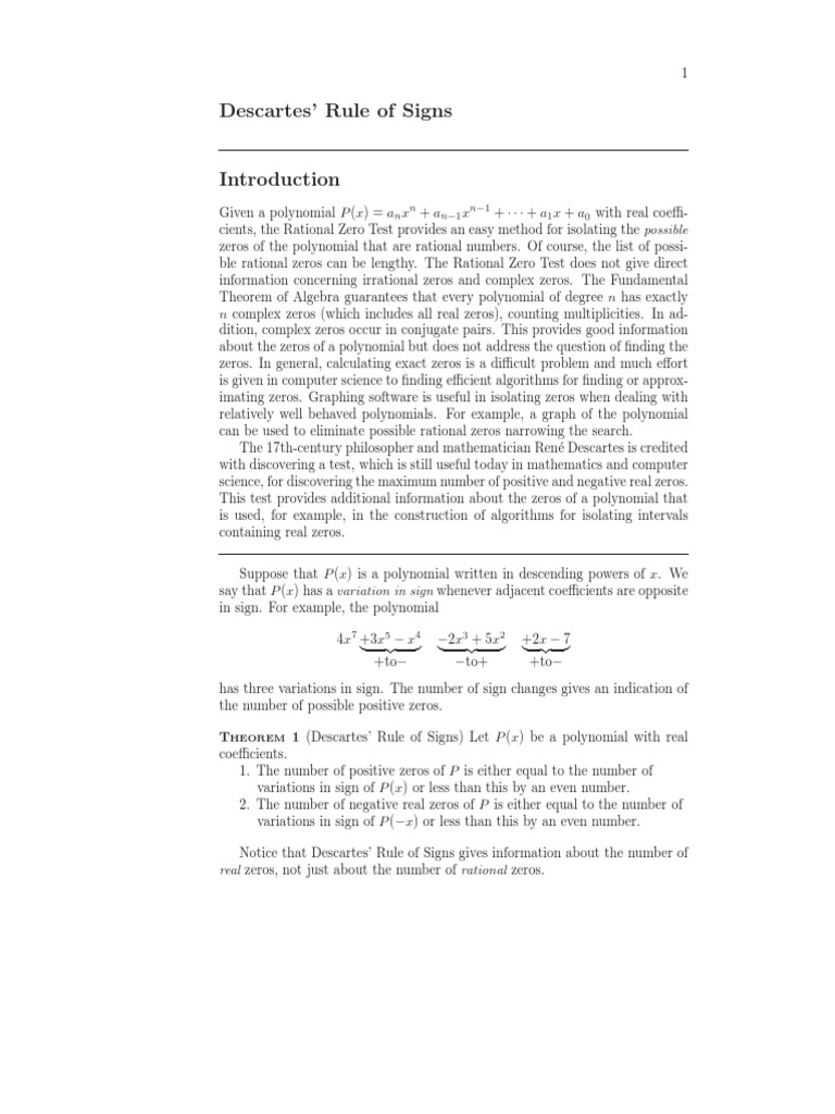 Descartes Rule of Signs | PDF | Polynomial | Zero Of A Function
