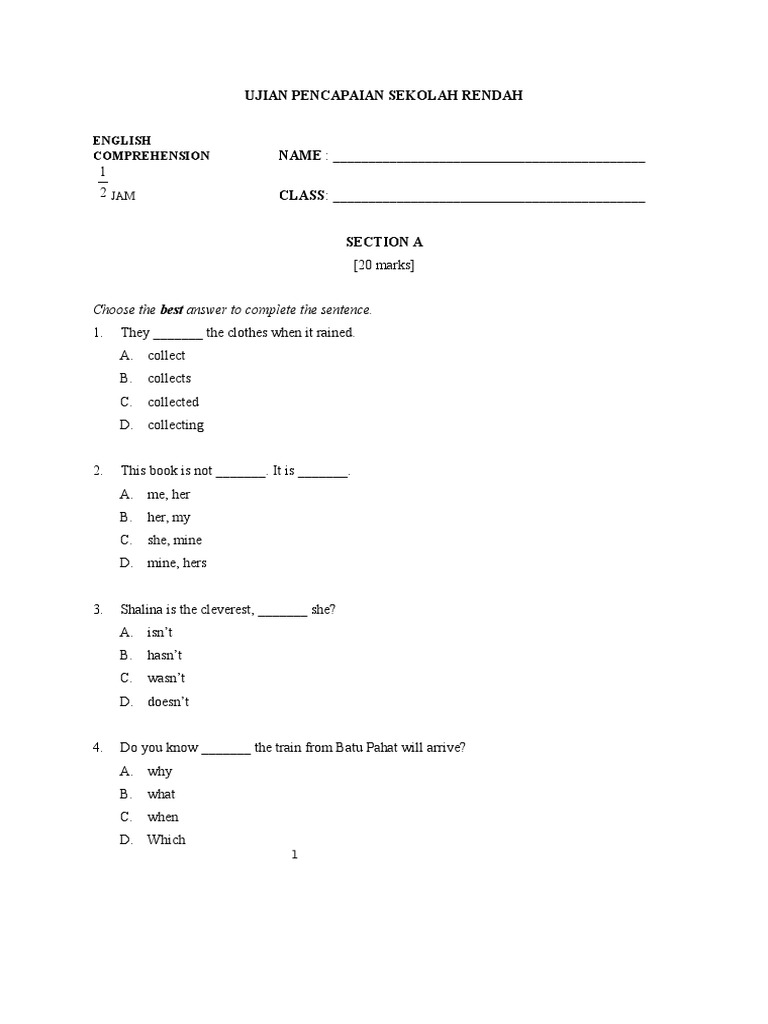Year 6 English Exam Paper (Section A) | PDF | Transport