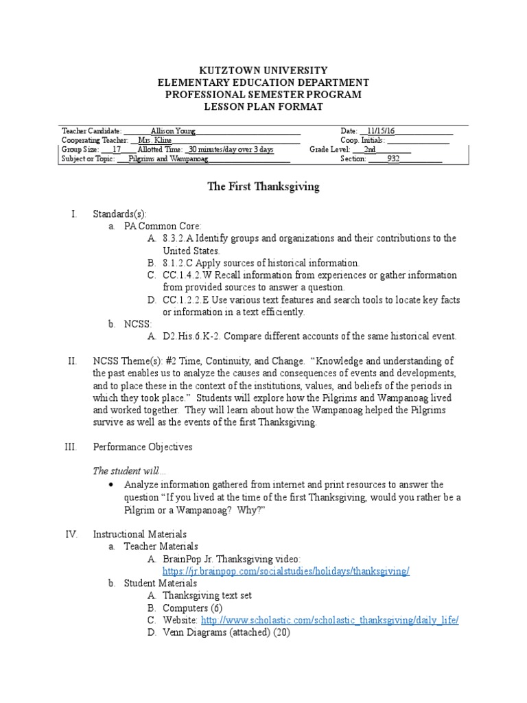 Standard 1 Lesson Plan Eeu 304 - Pilgrims | PDF | Pilgrim Fathers ...