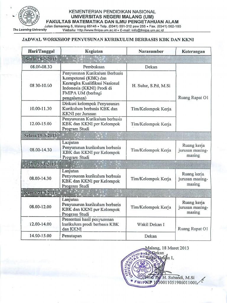 Jadwal Workshop Penyusunan Kurikulum Berbasis KBK Dan Kkni | PDF