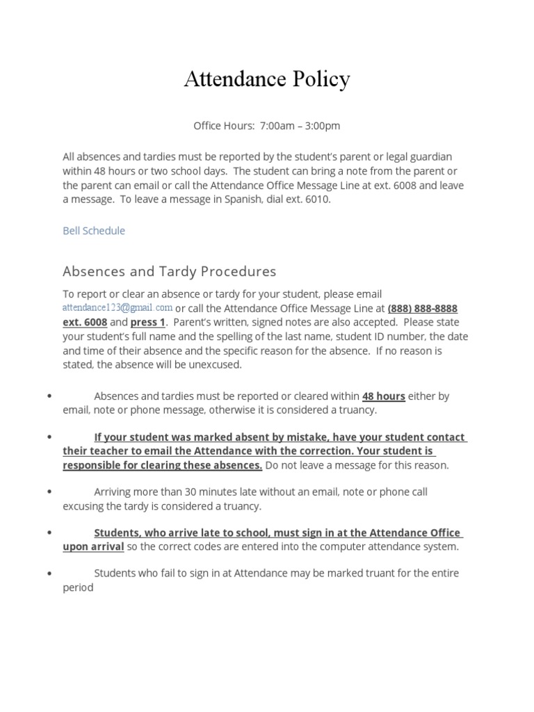 Attendance Policy: Absences and Tardy Procedures | PDF | Business ...