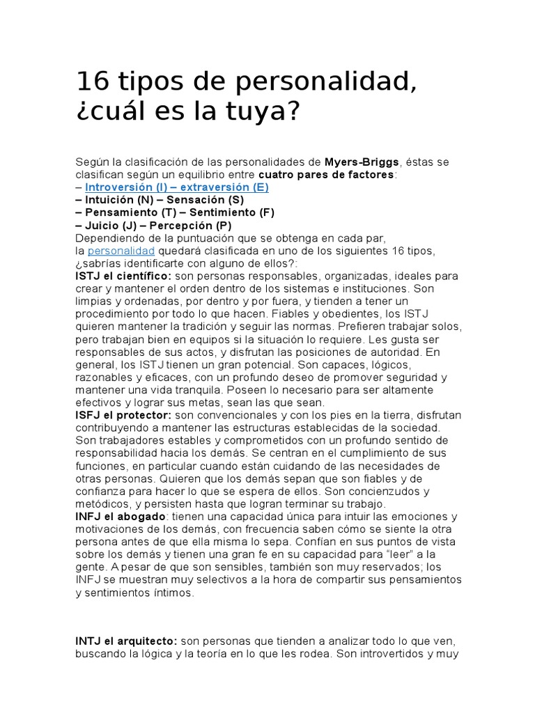 16 Tipos de Personalidad | PDF | Creatividad | Conceptos psicologicos
