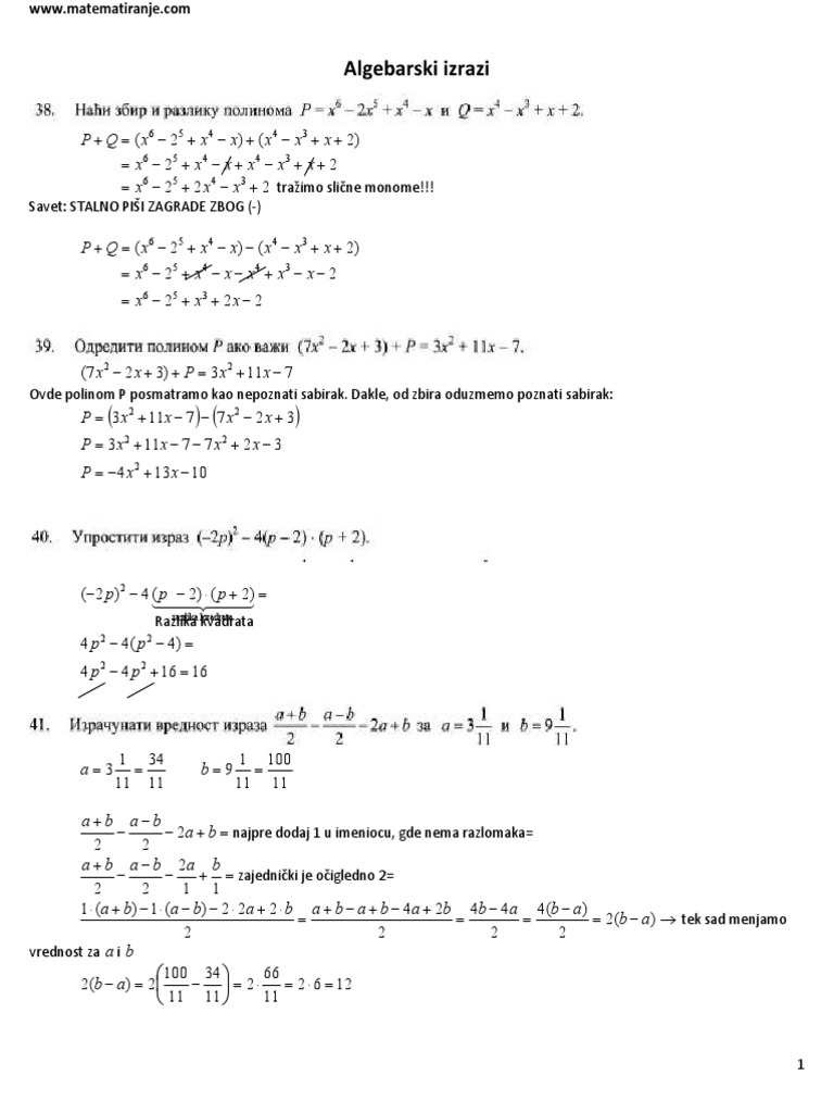 Zadaci Algebarski - Izrazi | PDF