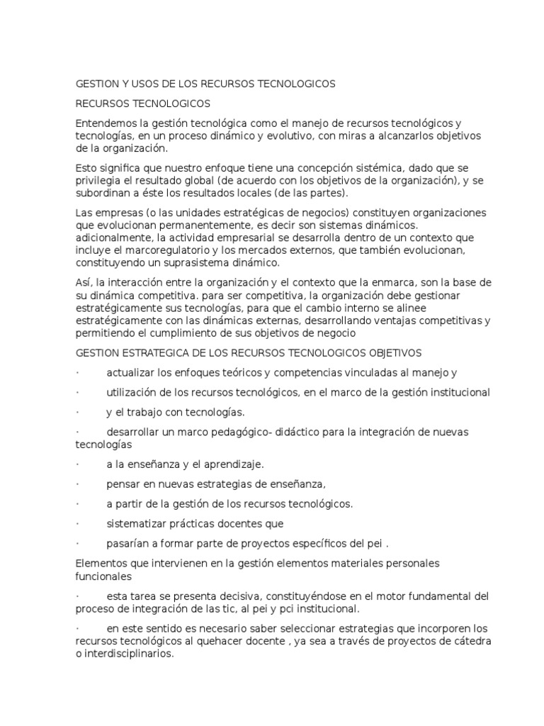 Gestion y Usos de Los Recursos Tecnologicos | PDF | Tecnología de ...