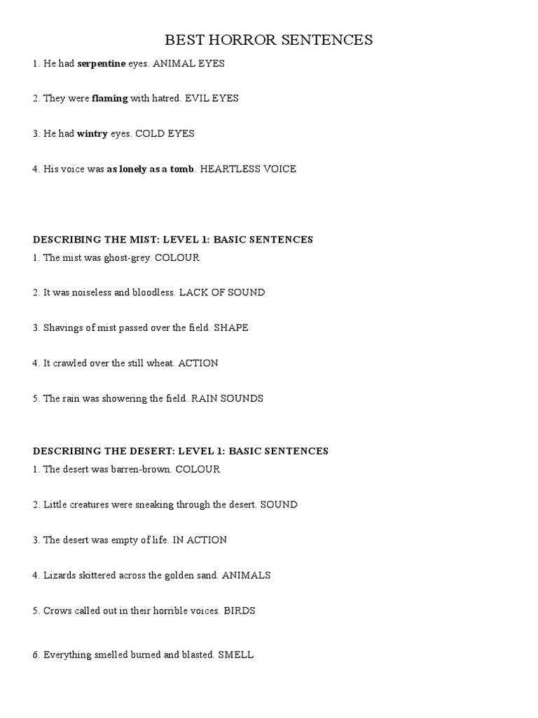 Best Horror Sentences: Describing The Mist: Level 1: Basic Sentences ...