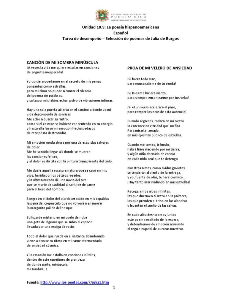 10 5 Tarea de Desempeno Seleccion de Poemas Julia de Burgos PDF | PDF ...