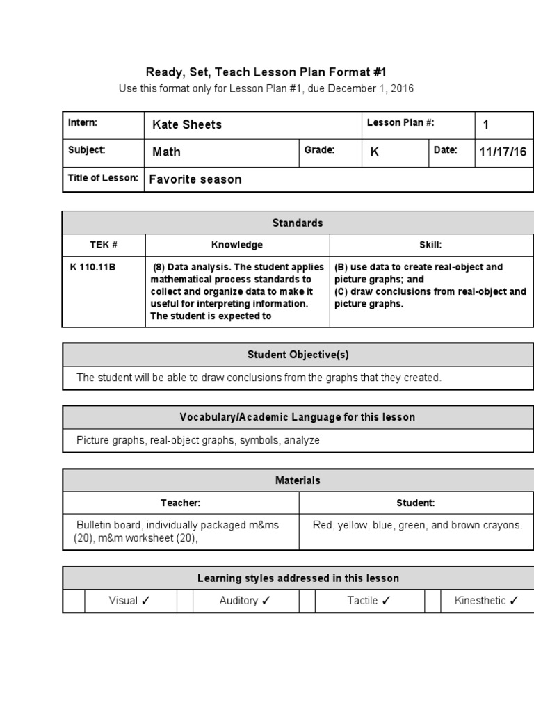 Ready, Set, Teach Lesson Plan Format #1: Standards | PDF | Lesson Plan ...