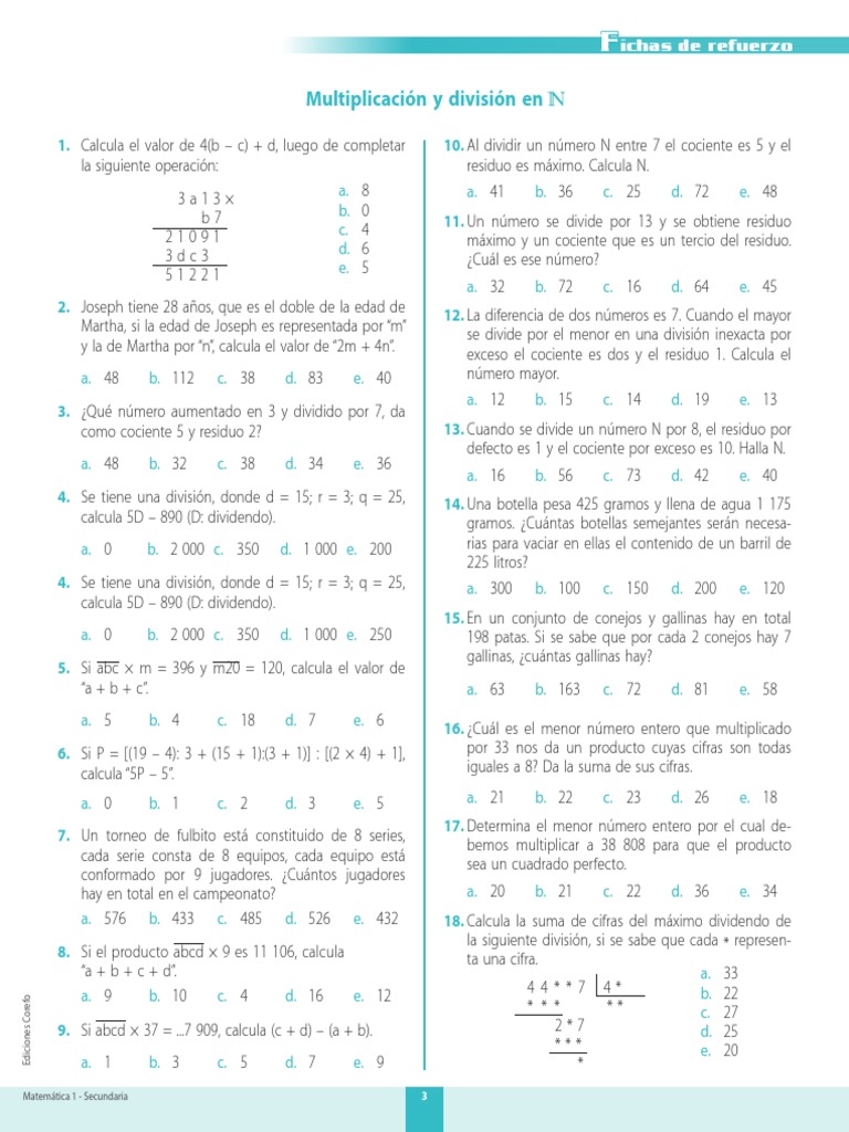 Fichas de refuerzo sobre multiplicación y división | PDF | División ...