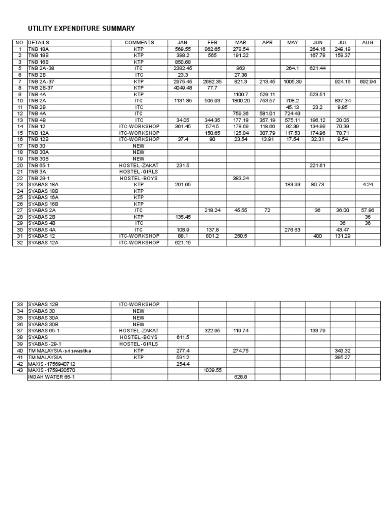Utility Expenditure Summary | PDF