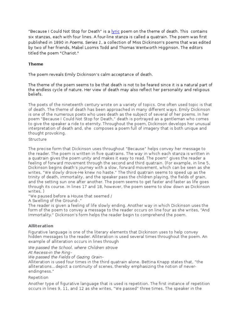 Because I Could Not Stop For Death | PDF | Emily Dickinson | Poetry