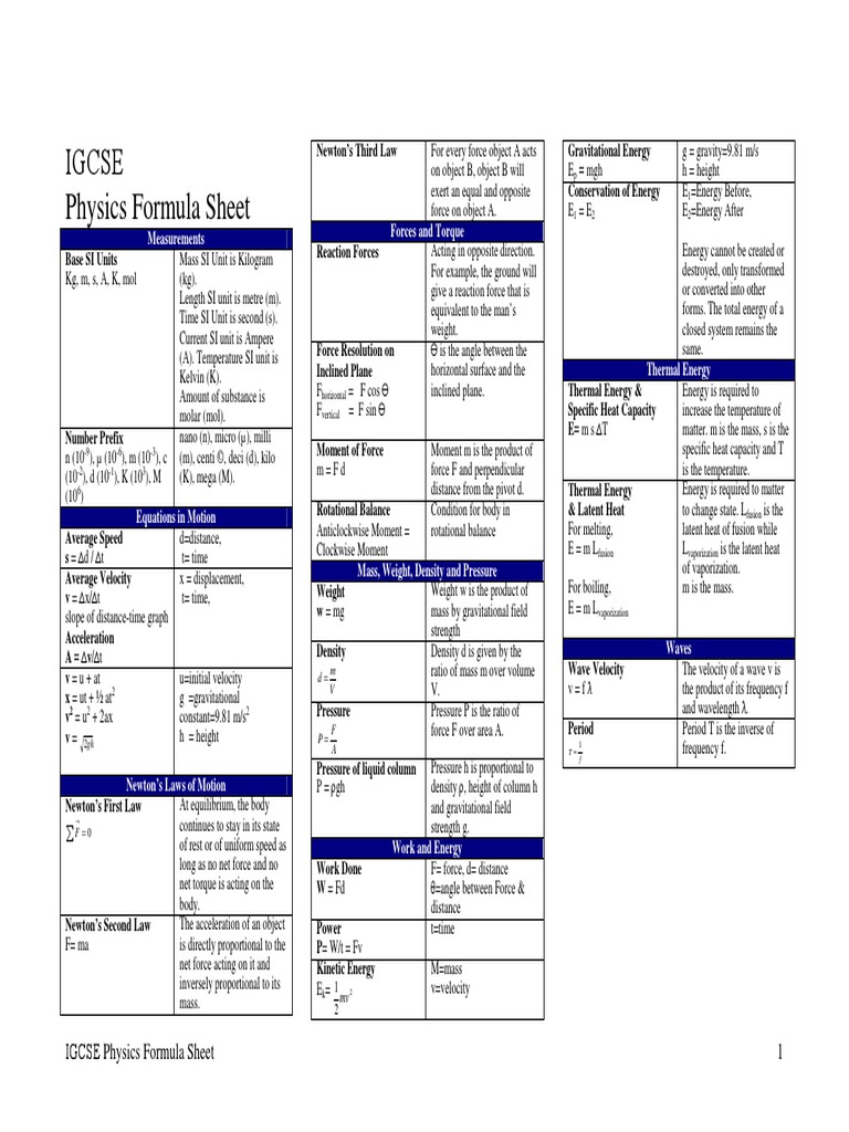 IGCSE Physics-Formula Sheet | Mass | Force | Free 30-day Trial | Scribd