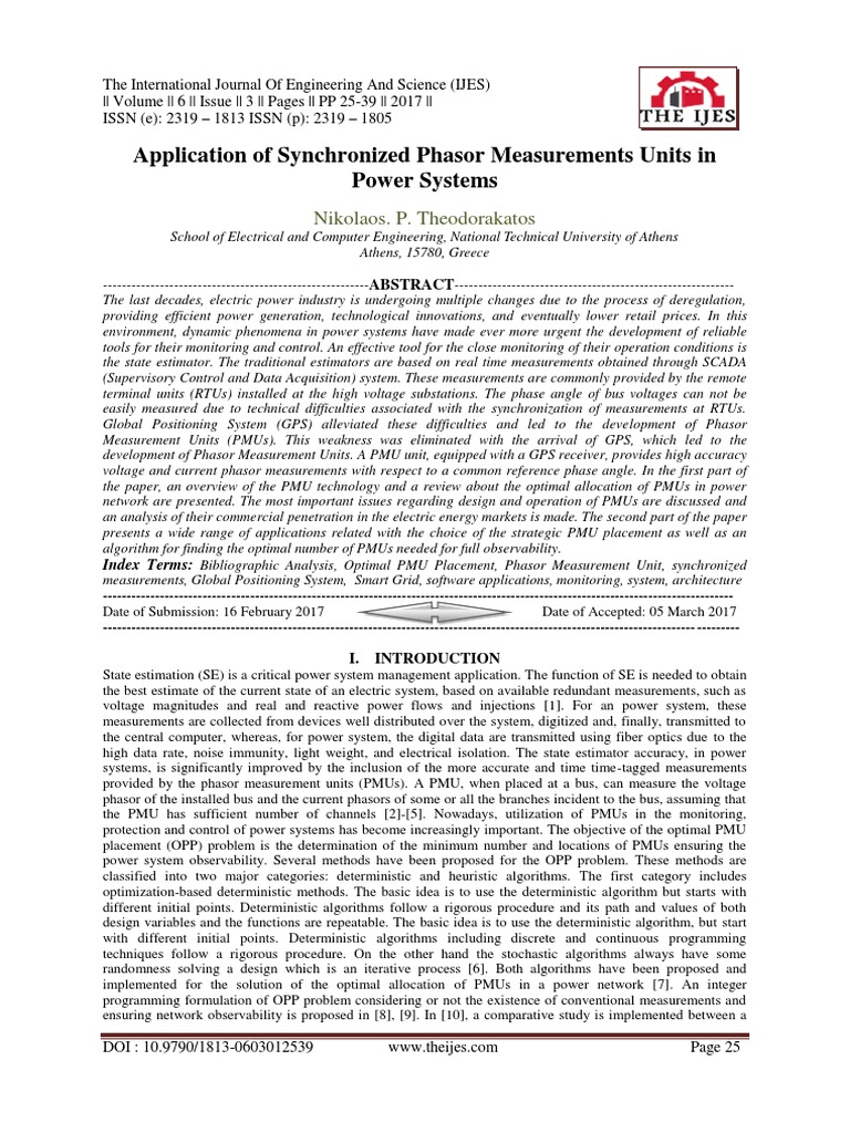 Application of Synchronized Phasor Measurements Units in Power Systems ...