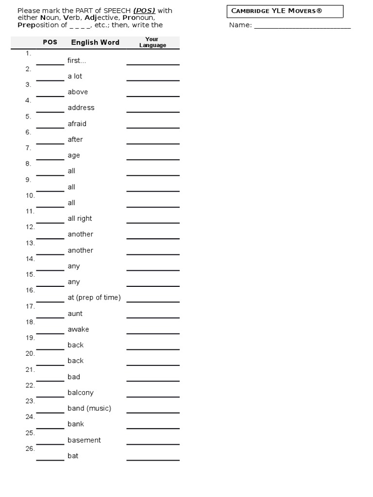 CAMBRIDGE YLE MOVERS® Vocabulary Worksheet) Word Document. | PDF | Part ...