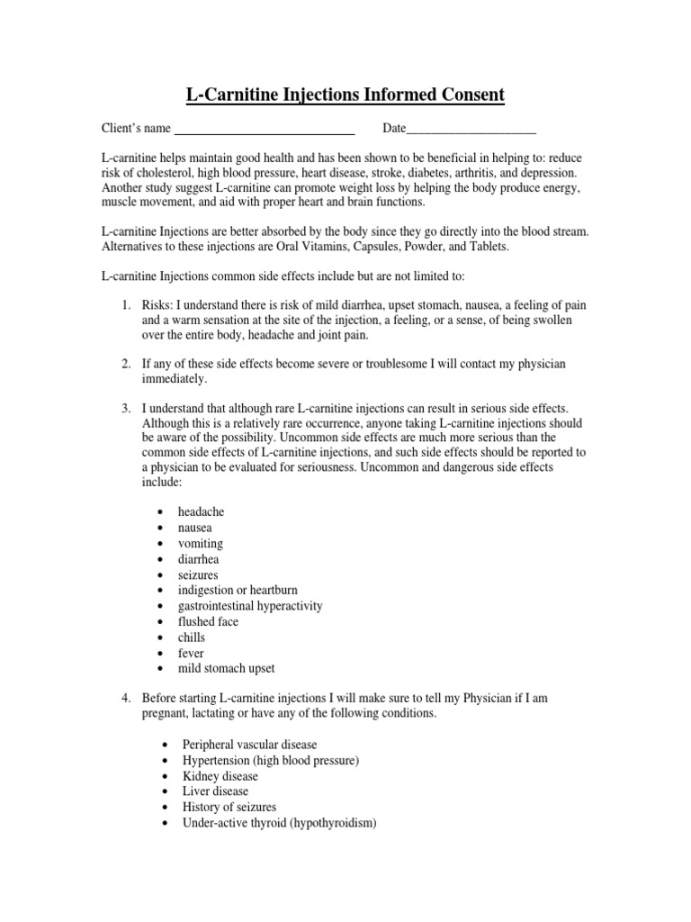 L-Carnitine Injection Consent Form | PDF | Nausea | Hypertension