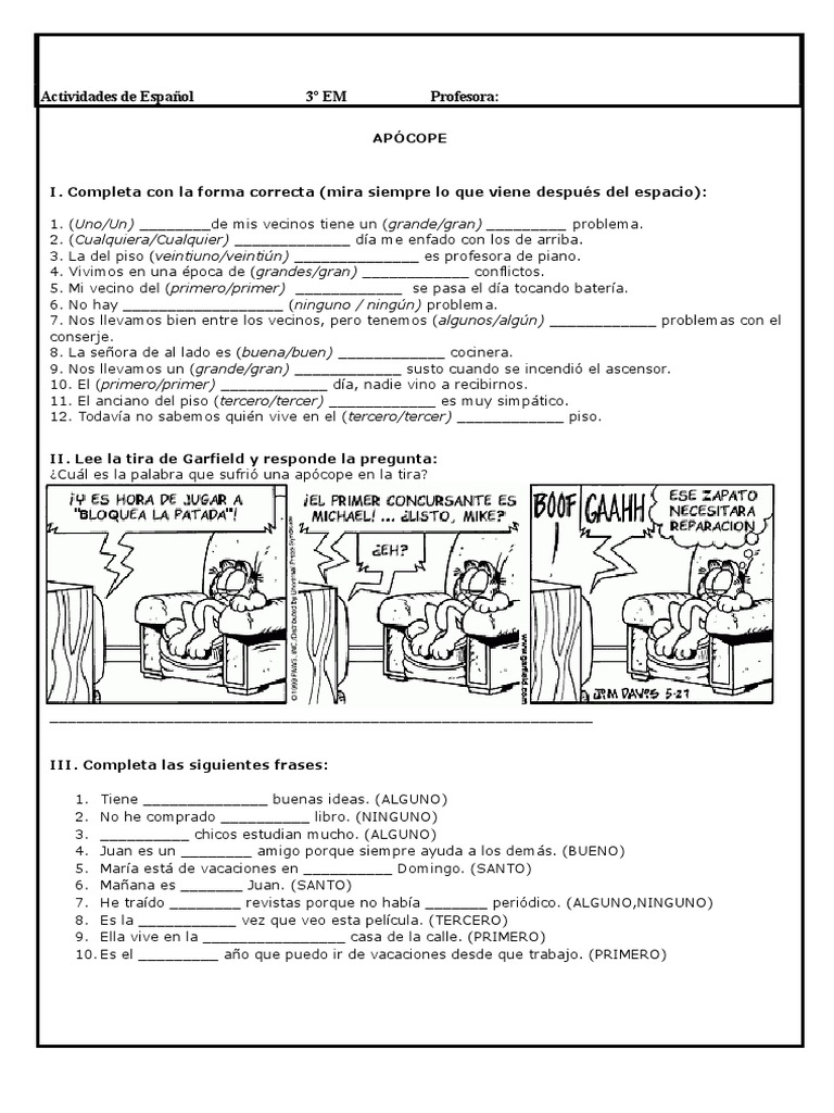 Actividades de Apócope en Español 3º EM | PDF | Ocio