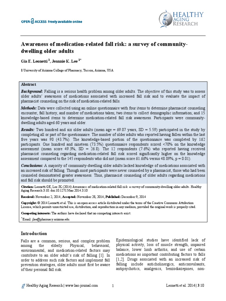 Awareness of Medication-Related Fall Risk A Survey of Communitydwelling Older Adults PDF | PDF ...