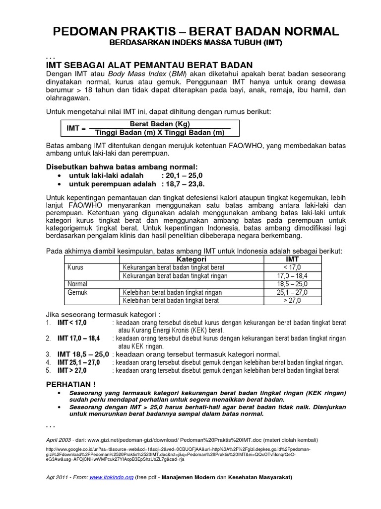Pedoman Praktis Berat Badan Normal BDSK IMT PDF | PDF | Pengembangan Diri