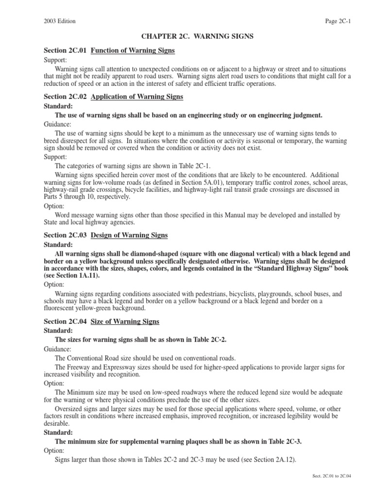 Chapter 2C. Warning Signs Section 2C.01 Function of Warning Signs | PDF ...