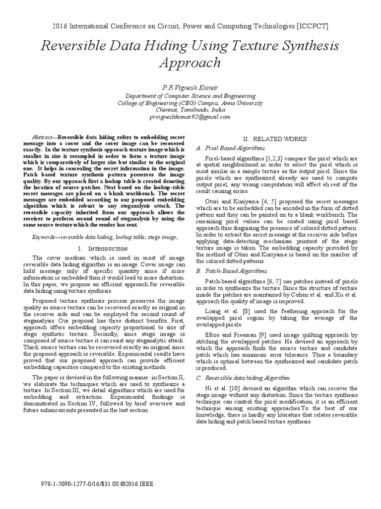 Reversible Data Hiding Using Texture Synthesis Approach | PDF | Key (Cryptography) | Cipher