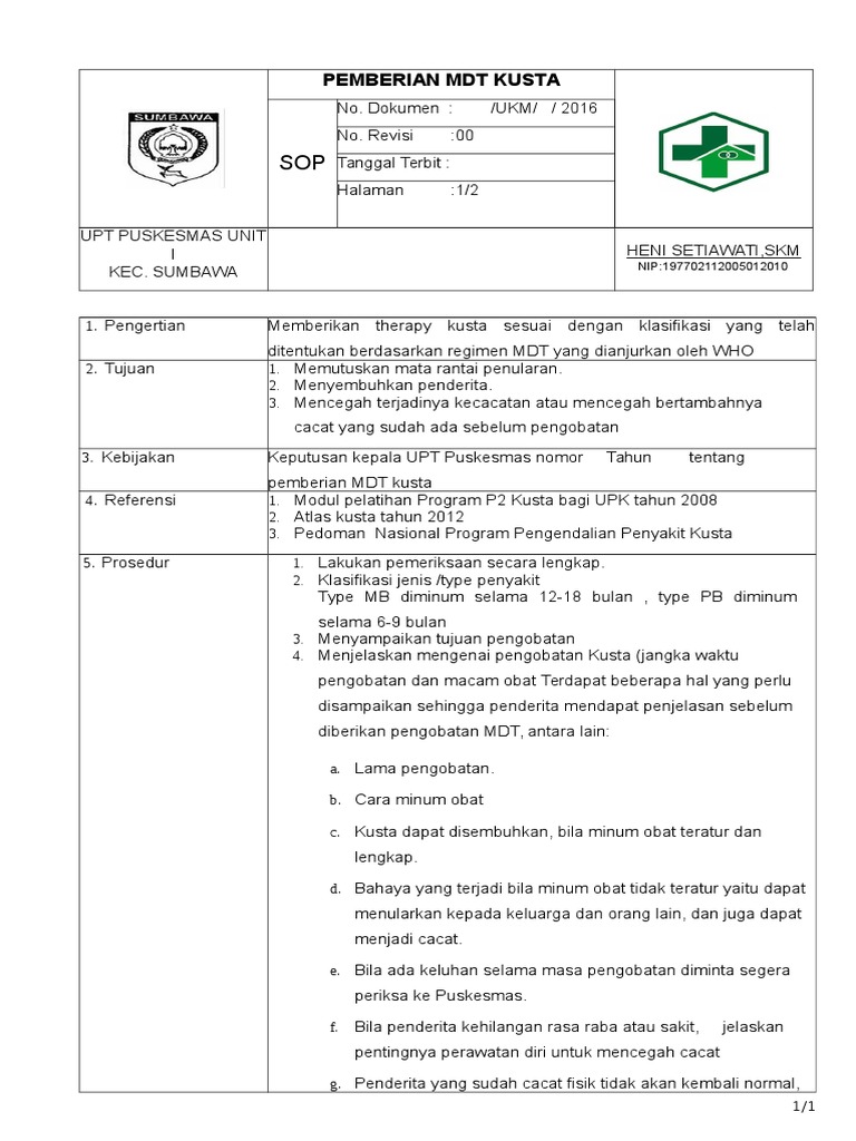 SOP Pemberian MDT Kusta | PDF | Pengembangan Diri | Kesehatan Holistik