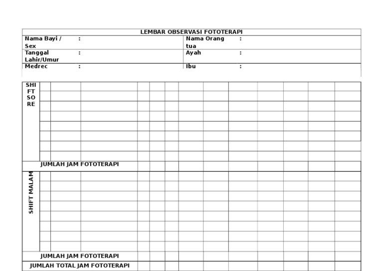 Lembar Observasi Fototerapi New | PDF