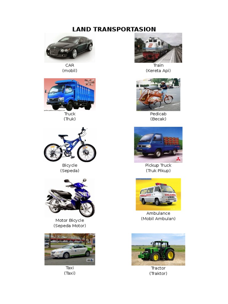 Modes of Land Transportation Illustrated with Pictures and Indonesian ...