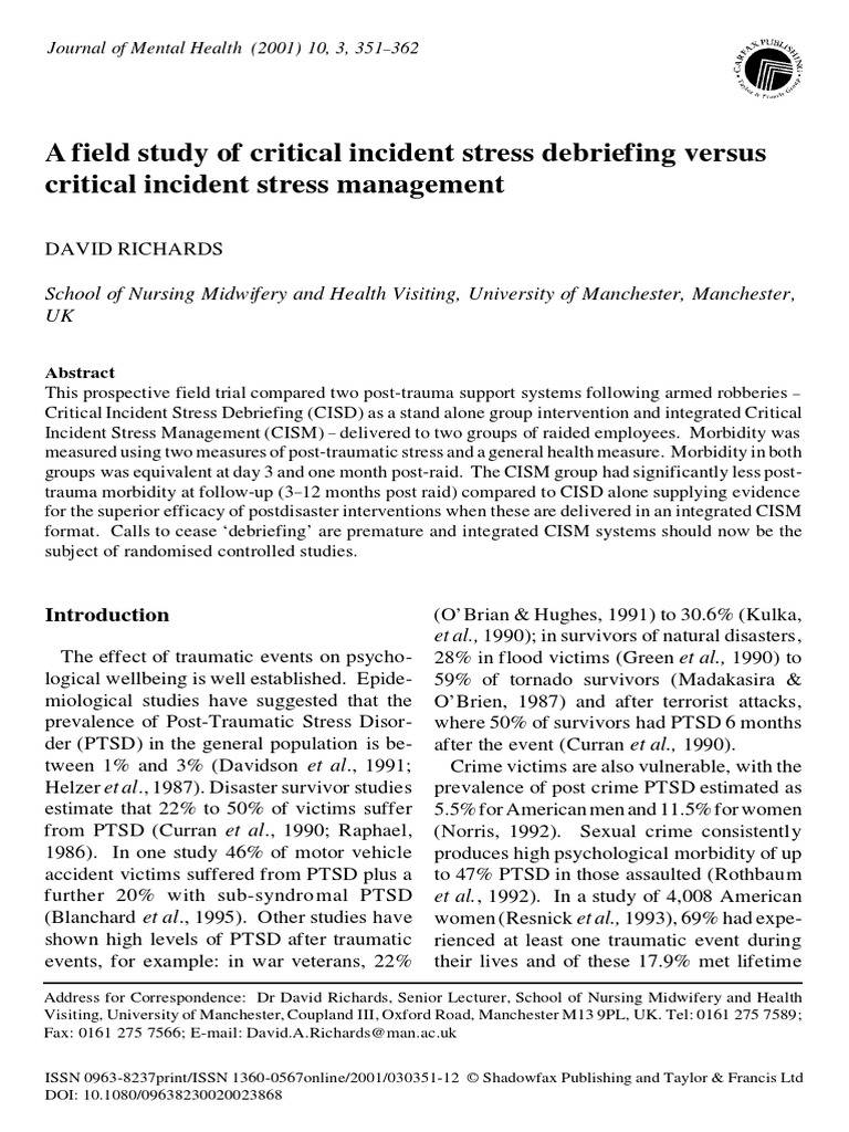 A Field Study of Critical Ncident Stress Debriefing Vs Critical ...