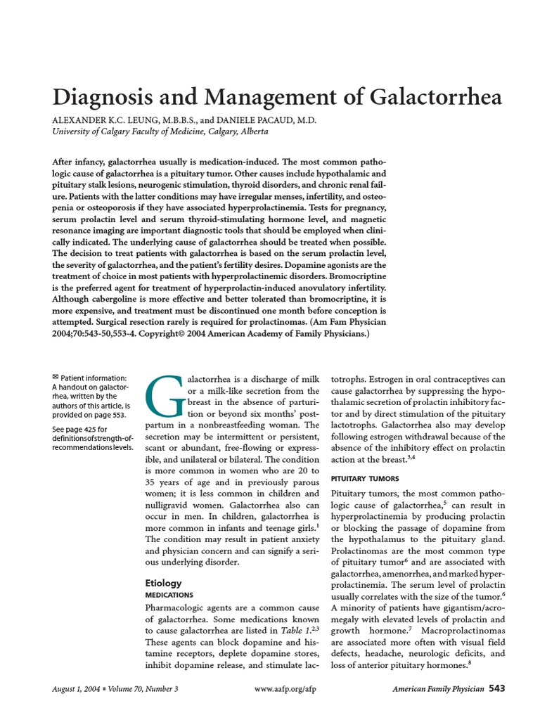 Diagnosis and Management of Galactorrhea: Alexander K.C. Leung, M.B.B.S ...