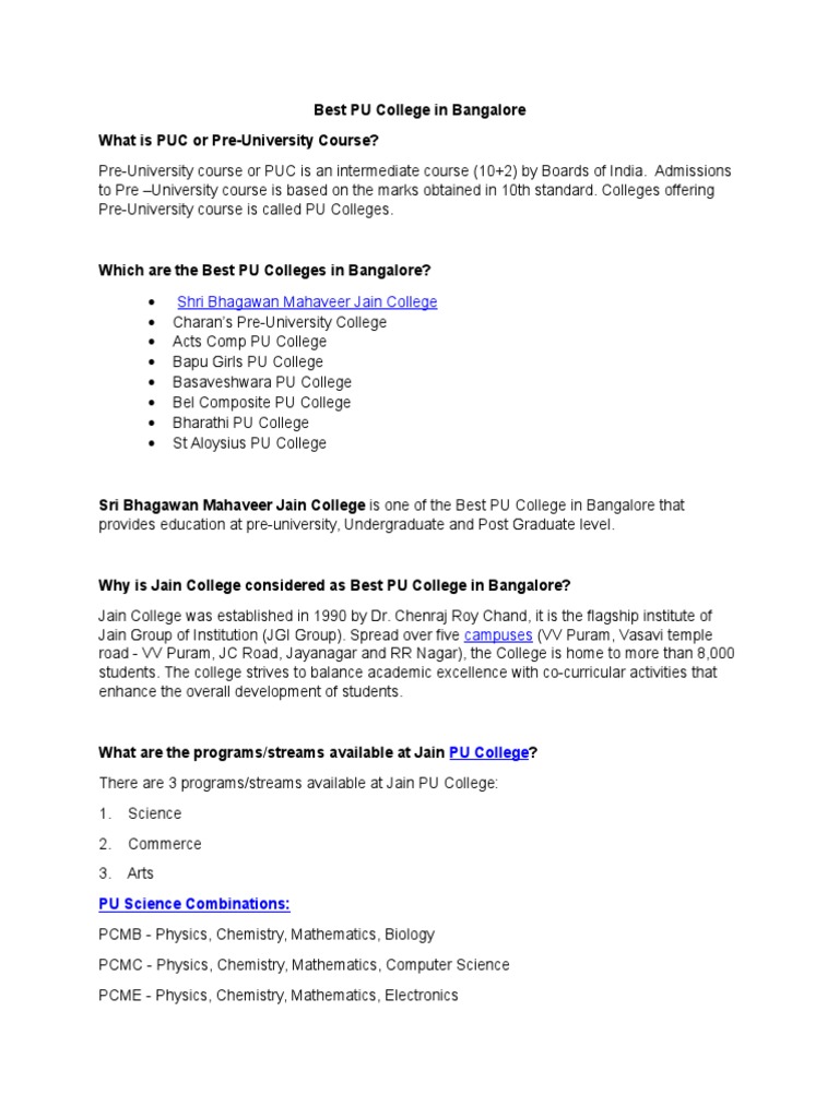 Bangalore's Top PU Colleges Guide | PDF | Academic Degree | Higher ...