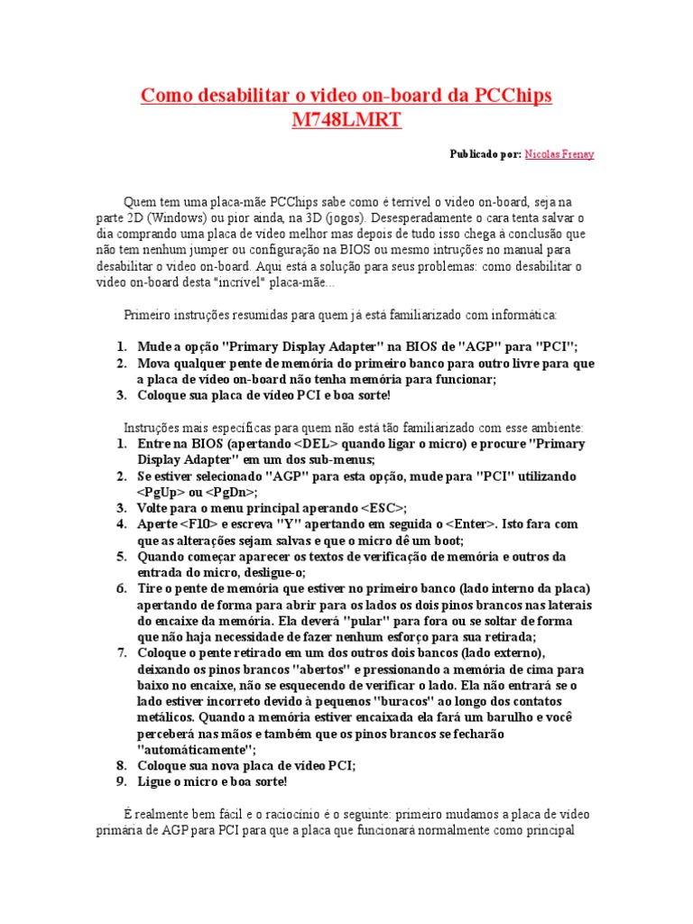 Desative Vídeo On-Board PCChips | PDF | BIOS | Memória de acesso ...