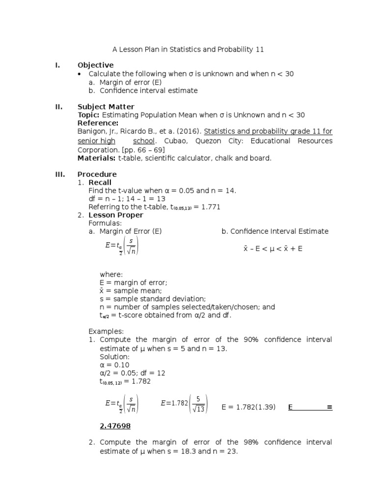 Estimating Population Mean Lesson | PDF | Confidence Interval | Margin ...