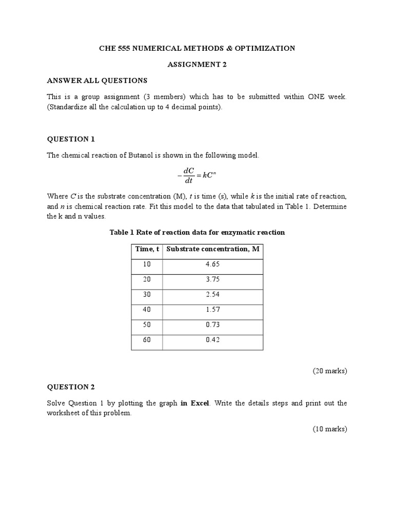 CHE555 Assignment 2 | PDF | Reaction Rate | Chemistry