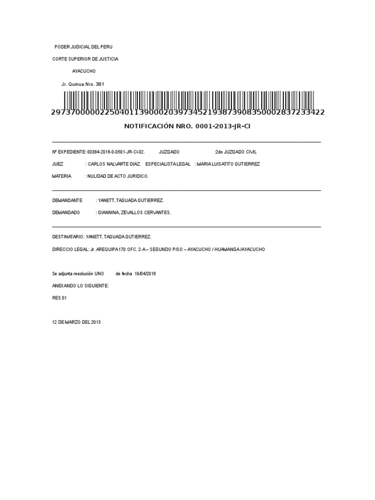 Poder Judicial Del Peru Cedula de Notificacion