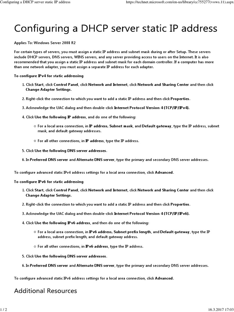 Configuring A DHCP Server Static IP Address | PDF | Ip Address ...