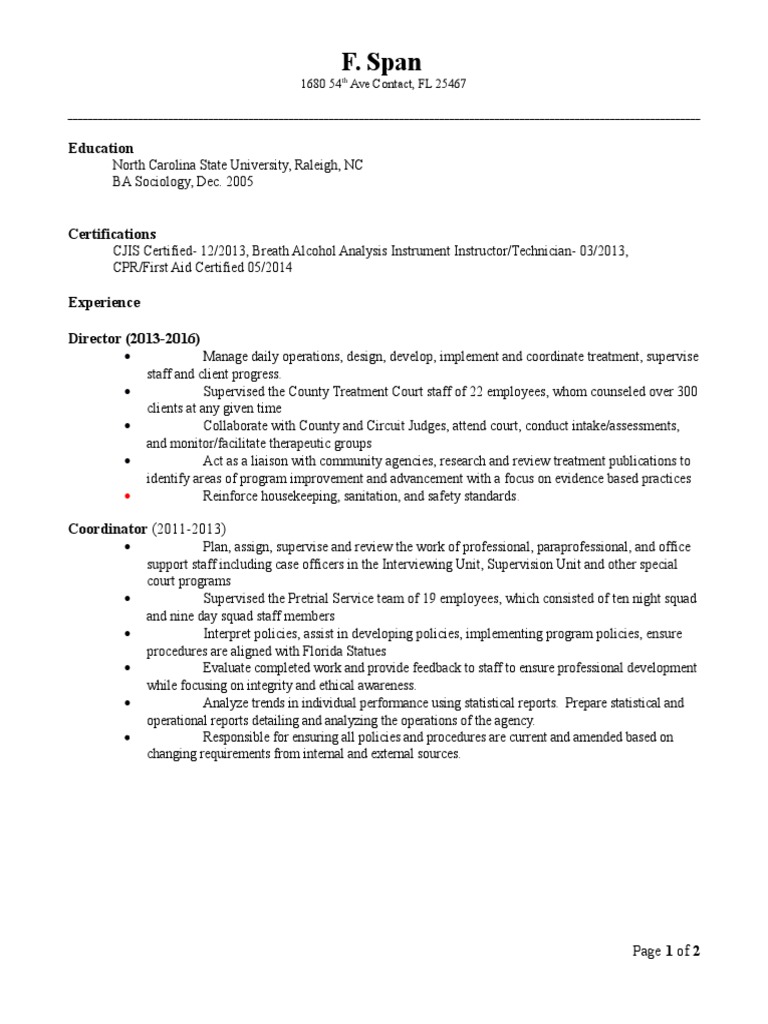 Fred 2016 Resume | PDF | Probation | Justice