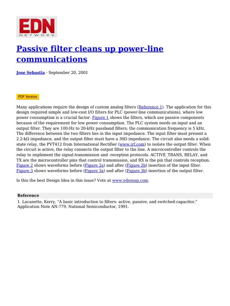 Passive Filter Cleans Up Power Line Communications PDF | PDF