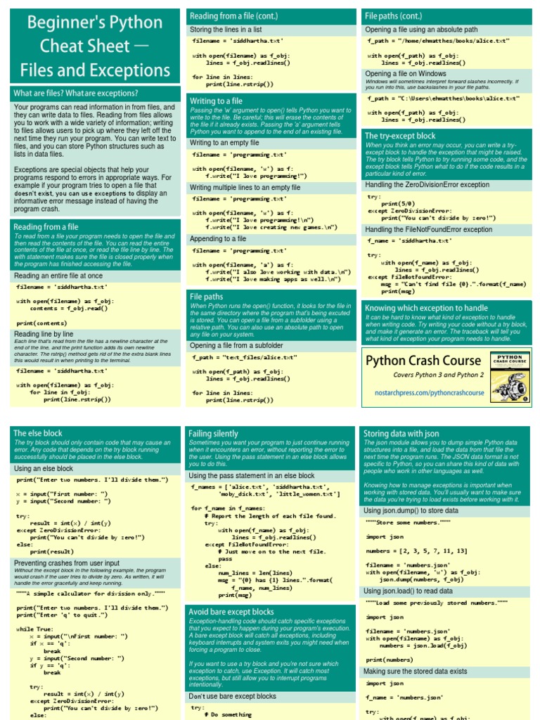 Beginners Python Cheat Sheet PCC Files Exceptions PDF | PDF | Filename ... Beginners Python Cheat Sheet PCC Files Exceptions PDF | PDF | Filename ...