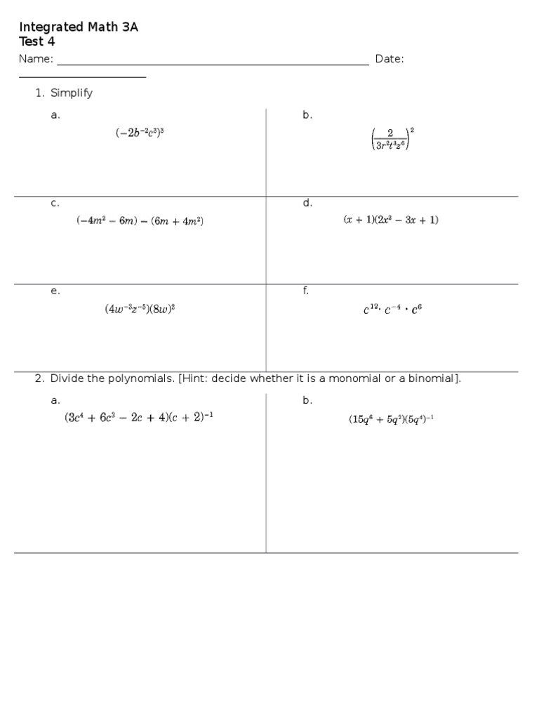 Integrated Math 3A Test 4 | PDF