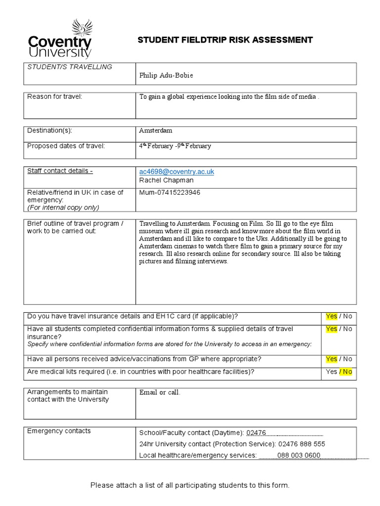 student fild trip risk assessment form | Health Care | Public Health