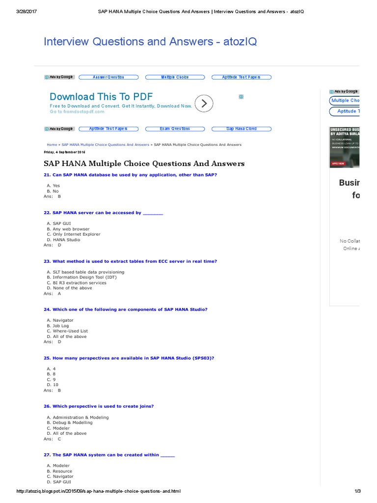 SAP HANA Multiple Choice Questions and Answers - Interview Questions and Answers - AtozIQ | PDF ...