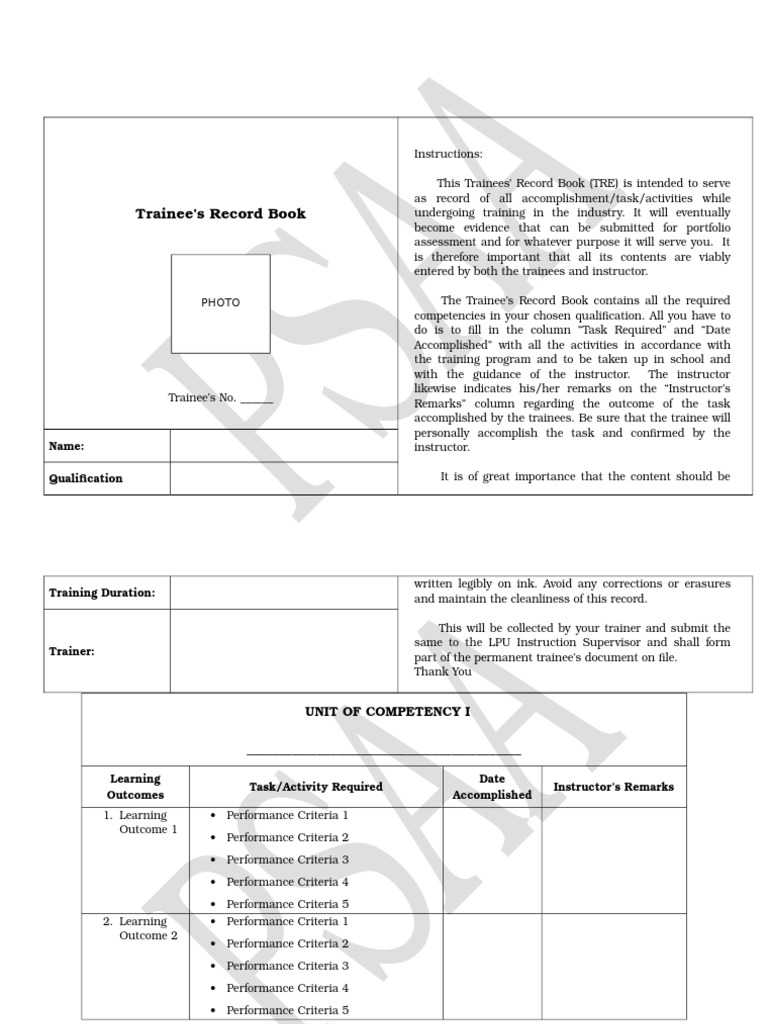 Trainees Record Book Sample | PDF | Behavior Modification | Learning