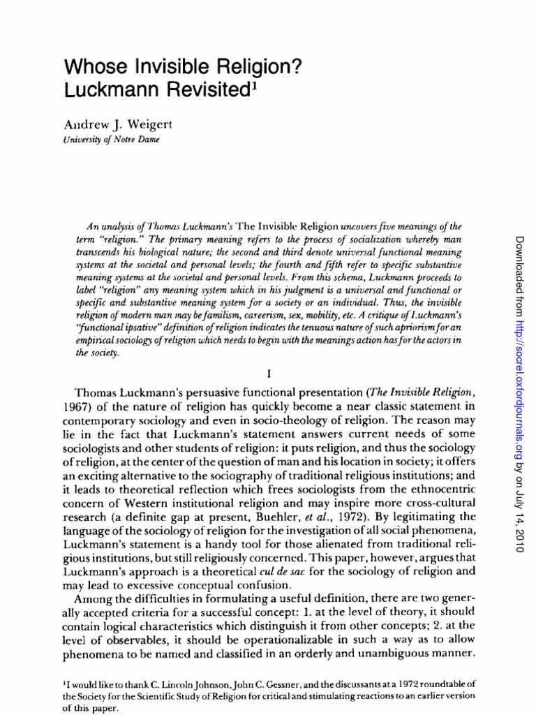 Whose Invisible Religion? Luckmann Revisited | PDF | Sociology | Theory