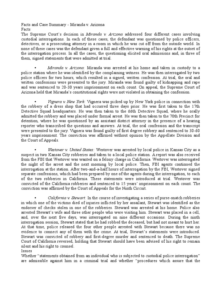 Miranda Vs Arizona Case Summary | PDF | Miranda V. Arizona | Miranda ...