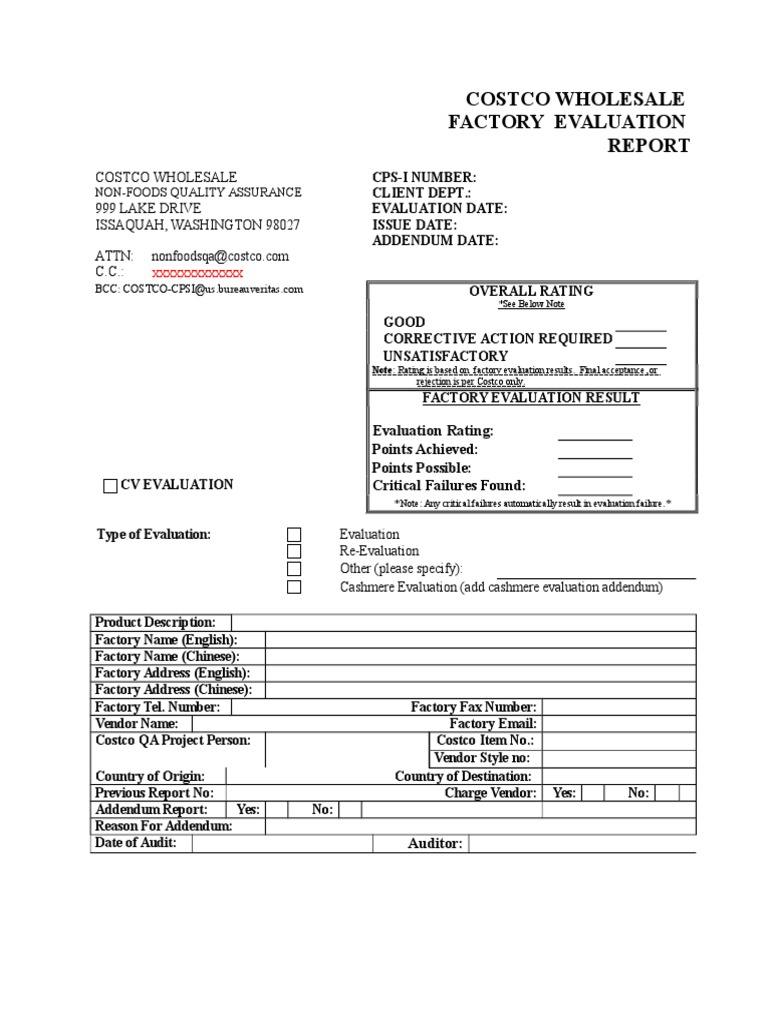 Costco Factory Evaluation Report 22FEB05 | Quality Assurance | Quality ...