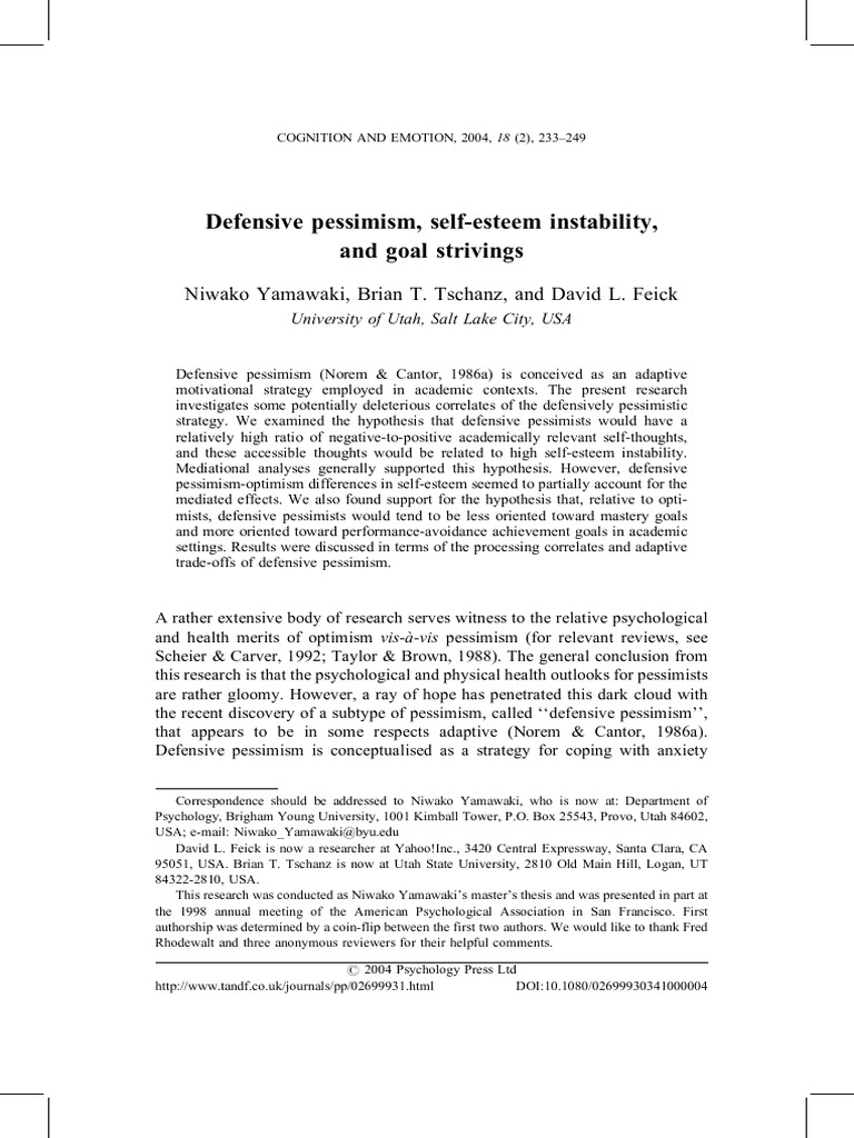 Defensive Pessimism | PDF | Optimism | Pessimism